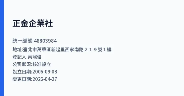 正金企業社的照片-統編 48803984(臺北市) 公司登記資料與營業項目詳細圖表