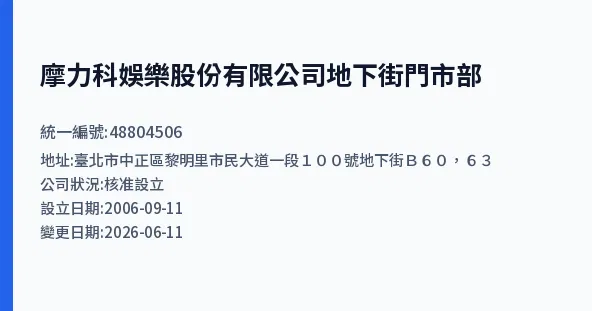 摩力科娛樂股份有限公司地下街門市部的照片-統編 48804506(臺北市) 公司登記資料與營業項目詳細圖表