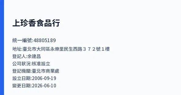 上珍香食品行的照片-統編 48805189(臺北市) 公司登記資料與營業項目詳細圖表