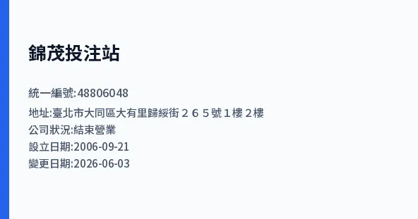 錦茂投注站的照片-統編 48806048(臺北市) 公司登記資料與營業項目詳細圖表