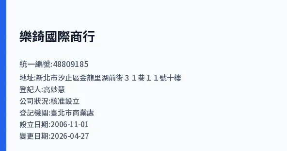 樂錡國際商行的照片-統編 48809185(新北市) 公司登記資料與營業項目詳細圖表