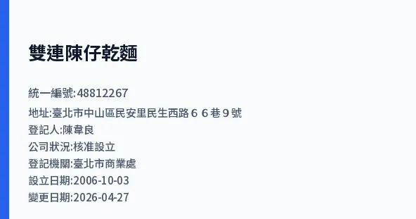 雙連陳仔乾麵的照片-統編 48812267(臺北市) 公司登記資料與營業項目詳細圖表
