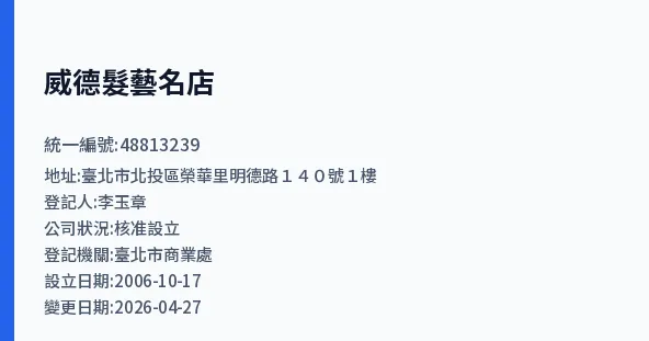 威德髮藝名店的照片-統編 48813239(臺北市) 公司登記資料與營業項目詳細圖表