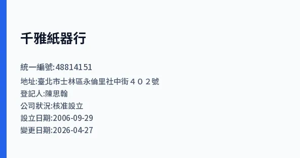 千雅紙器行的照片-統編 48814151(臺北市) 公司登記資料與營業項目詳細圖表