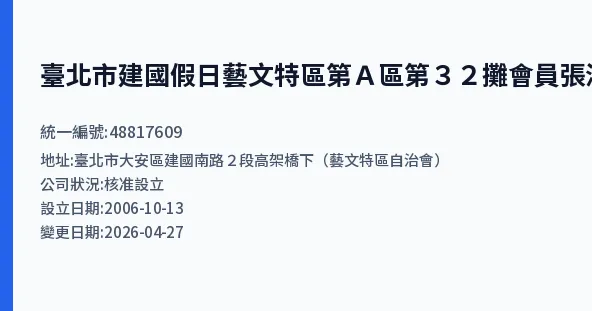 臺北市建國假日藝文特區第A區第32攤會員張清松的照片-統編 48817609(臺北市) 公司登記資料與營業項目詳細圖表