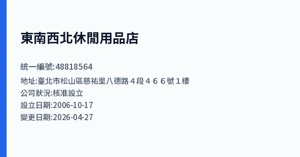 東南西北休閒用品店的照片-統編 48818564(臺北市) 公司登記資料與營業項目詳細圖表