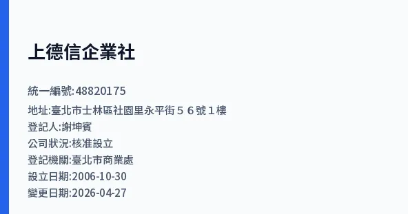 上德信企業社的照片-統編 48820175(臺北市) 公司登記資料與營業項目詳細圖表