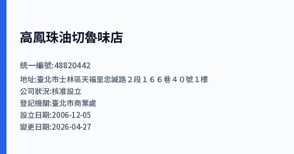 高鳳珠油切魯味店的照片-統編 48820442(臺北市) 公司登記資料與營業項目詳細圖表