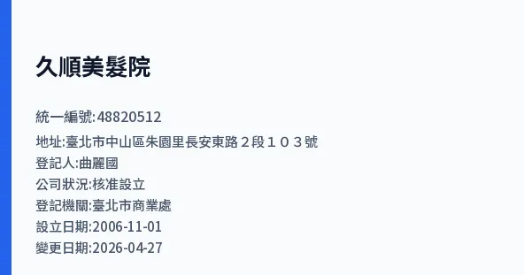 久順美髮院的照片-統編 48820512(臺北市) 公司登記資料與營業項目詳細圖表