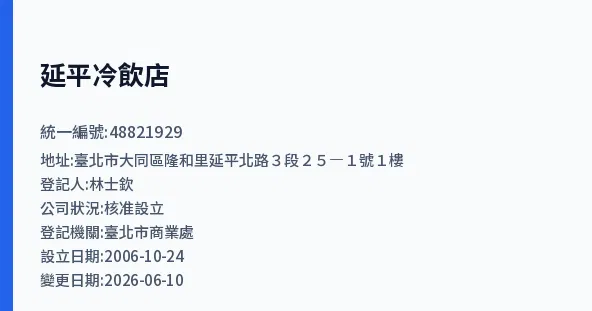 延平冷飲店的照片-統編 48821929(臺北市) 公司登記資料與營業項目詳細圖表