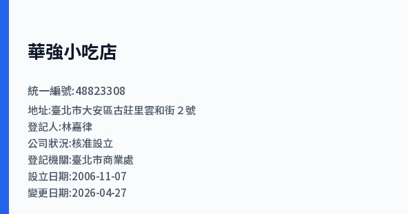 華強小吃店的照片-統編 48823308(臺北市) 公司登記資料與營業項目詳細圖表