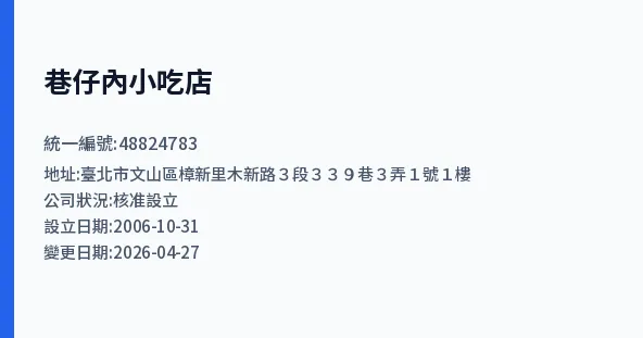 巷仔內小吃店的照片-統編 48824783(臺北市) 公司登記資料與營業項目詳細圖表