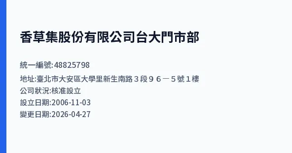 香草集股份有限公司台大門市部的照片-統編 48825798(臺北市) 公司登記資料與營業項目詳細圖表