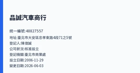 品誠汽車商行的照片-統編 48827557(臺北市) 公司登記資料與營業項目詳細圖表