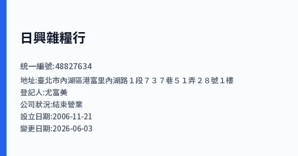 日興雜糧行的照片-統編 48827634(臺北市) 公司登記資料與營業項目詳細圖表