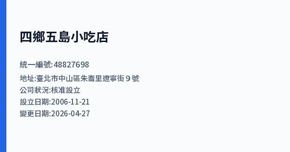 四鄉五島小吃店的照片-統編 48827698(臺北市) 公司登記資料與營業項目詳細圖表