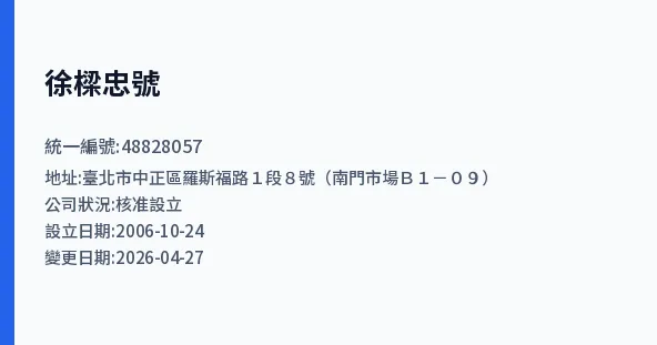徐樑忠號的照片-統編 48828057(臺北市) 公司登記資料與營業項目詳細圖表