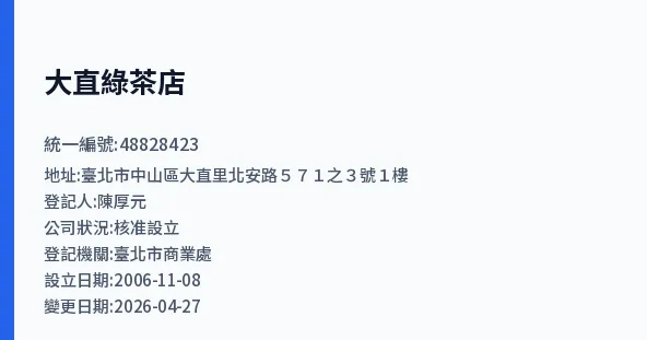 大直綠茶店的照片-統編 48828423(臺北市) 公司登記資料與營業項目詳細圖表