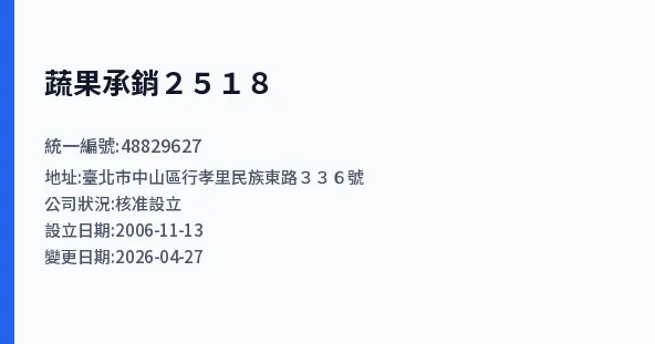 蔬果承銷2518的照片-統編 48829627(臺北市) 公司登記資料與營業項目詳細圖表