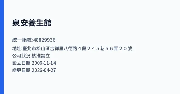 泉安養生館的照片-統編 48829936(臺北市) 公司登記資料與營業項目詳細圖表