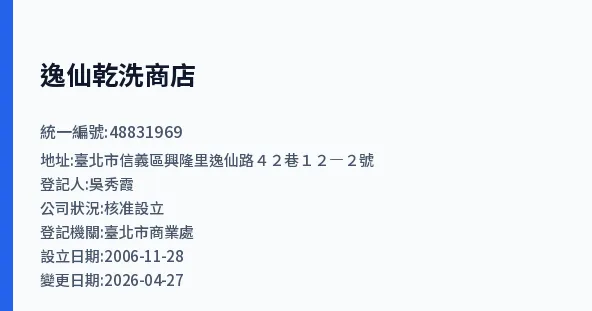 逸仙乾洗商店的照片-統編 48831969(臺北市) 公司登記資料與營業項目詳細圖表
