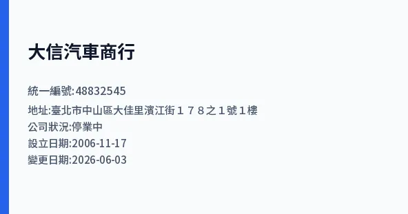 大信汽車商行的照片-統編 48832545(臺北市) 公司登記資料與營業項目詳細圖表