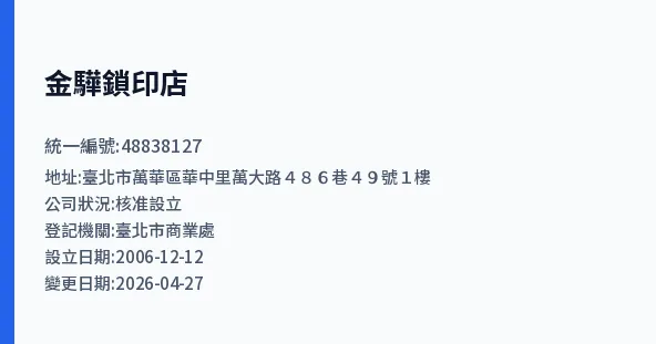 金驊鎖印店的照片-統編 48838127(臺北市) 公司登記資料與營業項目詳細圖表