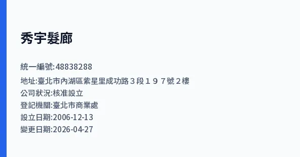 秀宇髮廊的照片-統編 48838288(臺北市) 公司登記資料與營業項目詳細圖表