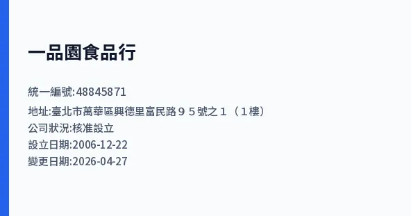一品園食品行的照片-統編 48845871(臺北市) 公司登記資料與營業項目詳細圖表