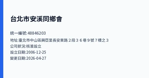 台北市安溪同鄉會的照片-統編 48846203(臺北市) 公司登記資料與營業項目詳細圖表