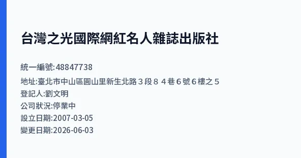 台灣之光國際網紅名人雜誌出版社的照片-統編 48847738(臺北市) 公司登記資料與營業項目詳細圖表