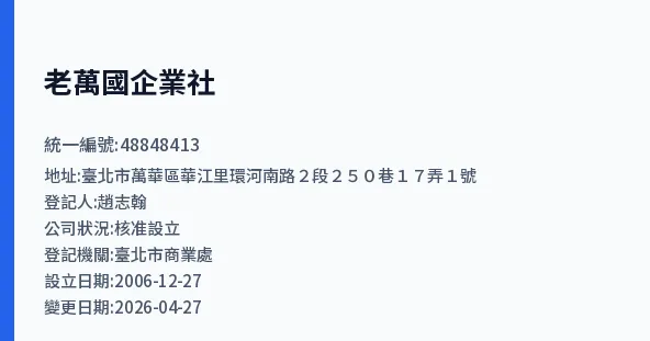 老萬國企業社的照片-統編 48848413(臺北市) 公司登記資料與營業項目詳細圖表