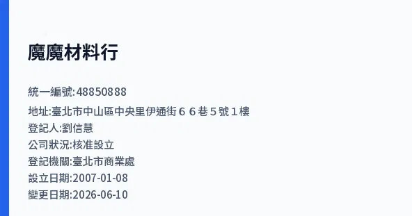 魔魔材料行的照片-統編 48850888(臺北市) 公司登記資料與營業項目詳細圖表