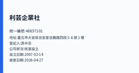 利芸企業社的照片-統編 48857101(臺北市) 公司登記資料與營業項目詳細圖表