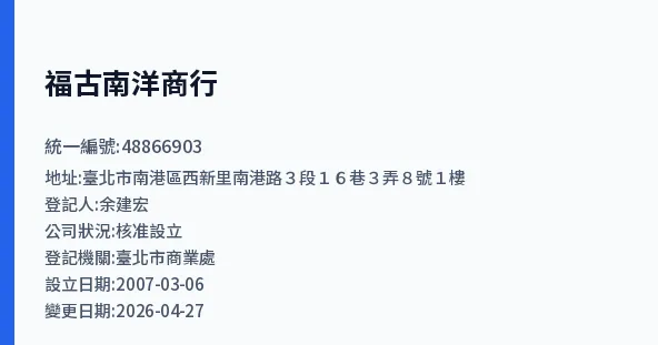 福古南洋商行的照片-統編 48866903(臺北市) 公司登記資料與營業項目詳細圖表
