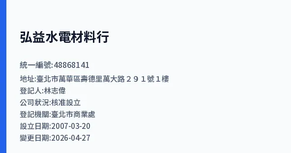 弘益水電材料行的照片-統編 48868141(臺北市) 公司登記資料與營業項目詳細圖表
