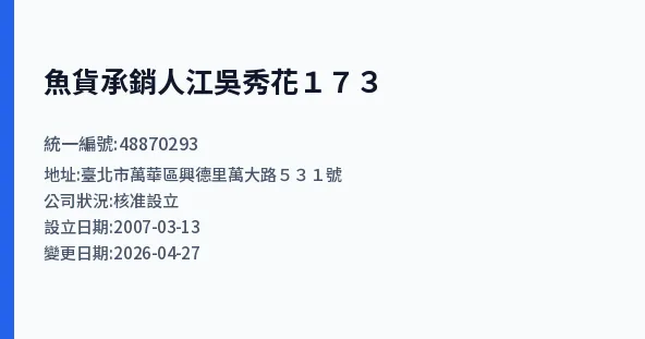 魚貨承銷人江吳秀花173的照片-統編 48870293(臺北市) 公司登記資料與營業項目詳細圖表