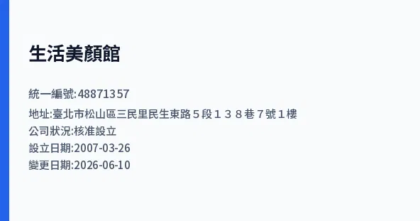 生活美顏館的照片-統編 48871357(臺北市) 公司登記資料與營業項目詳細圖表