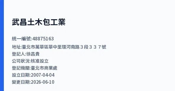 武昌土木包工業的照片-統編 48875163(臺北市) 公司登記資料與營業項目詳細圖表