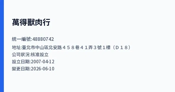 萬得獸肉行的照片-統編 48880742(臺北市) 公司登記資料與營業項目詳細圖表