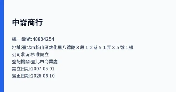 中崙商行的照片-統編 48884254(臺北市) 公司登記資料與營業項目詳細圖表