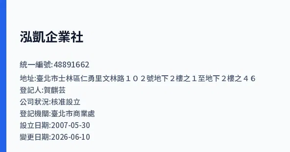 泓凱企業社的照片-統編 48891662(臺北市) 公司登記資料與營業項目詳細圖表