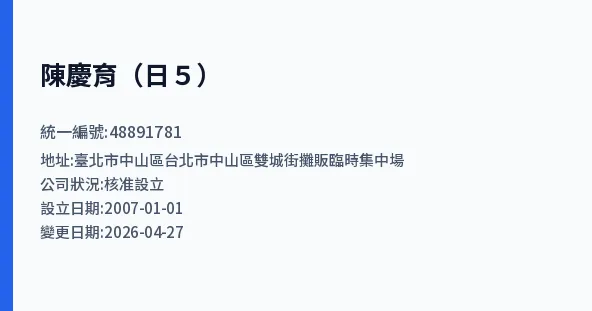 陳慶育(日5)的照片-統編 48891781(臺北市) 公司登記資料與營業項目詳細圖表