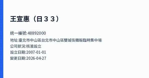 王宣惠(日33)的照片-統編 48892000(臺北市) 公司登記資料與營業項目詳細圖表