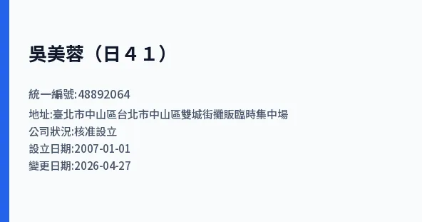 吳美蓉(日41)的照片-統編 48892064(臺北市) 公司登記資料與營業項目詳細圖表