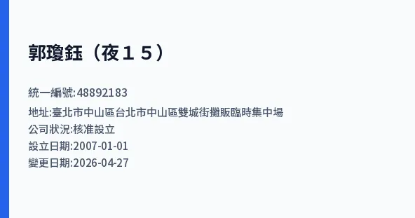 郭瓊鈺(夜15)的照片-統編 48892183(臺北市) 公司登記資料與營業項目詳細圖表