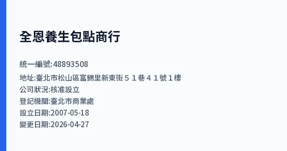 全恩養生包點商行的照片-統編 48893508(臺北市) 公司登記資料與營業項目詳細圖表