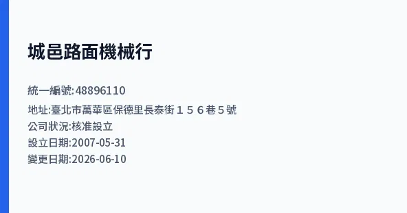 城邑路面機械行的照片-統編 48896110(臺北市) 公司登記資料與營業項目詳細圖表