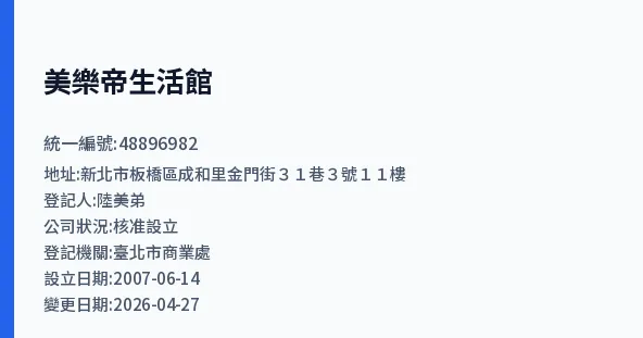 美樂帝生活館的照片-統編 48896982(新北市) 公司登記資料與營業項目詳細圖表