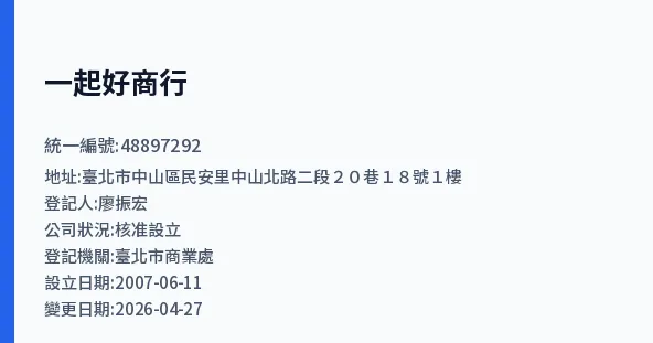 一起好商行的照片-統編 48897292(臺北市) 公司登記資料與營業項目詳細圖表